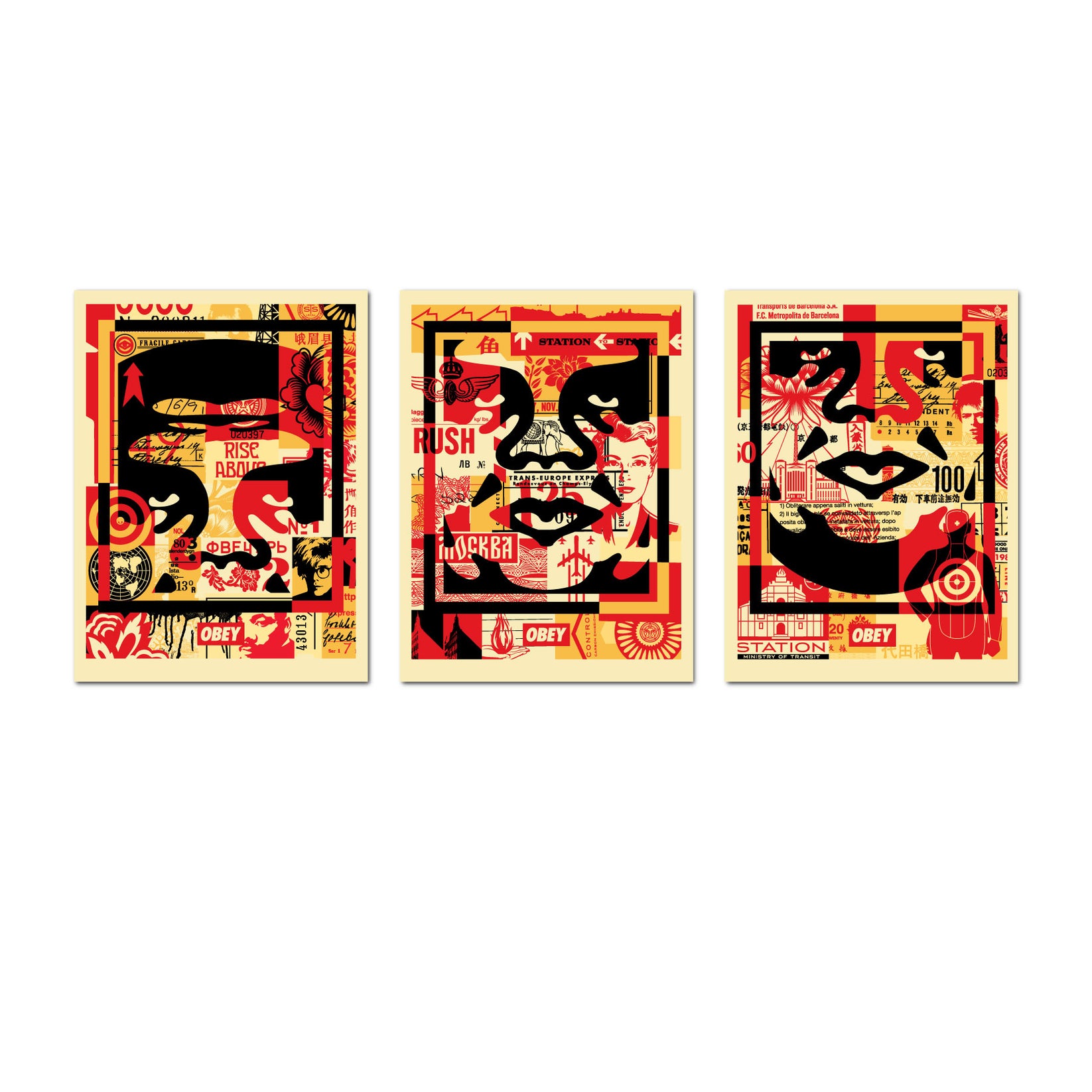 OBEY 3-FACE COLLAGE 18x24 Signed Offset Lithograph Set – Obey Giant